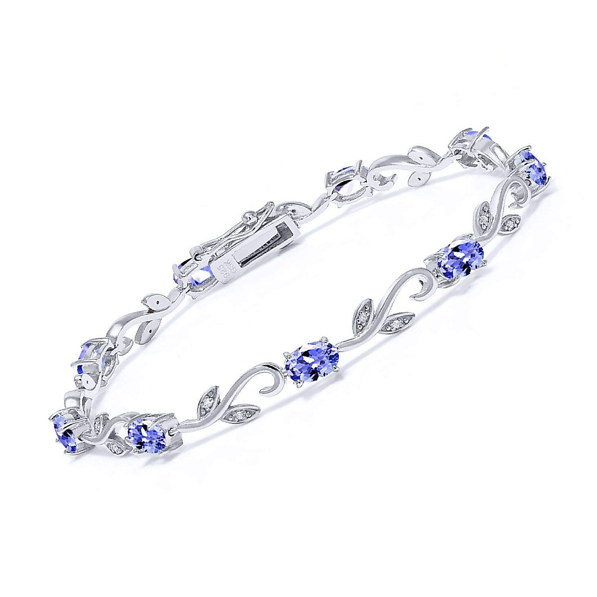 Gem Stone King 925 Sterling Silver Blue Tanzanite and White Diamond Greek Vine Tennis Bracelet For Women (4.18 Cttw, Gemstone Birthstone, Oval 6X4MM, 7 Inch)