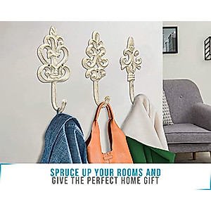 Shabby Chic Decorative Wall Hooks - Set of 3 - Cast Iron French Country Wall Decor - Farmhouse Hangers for Coats, Purses and More - Rustic White