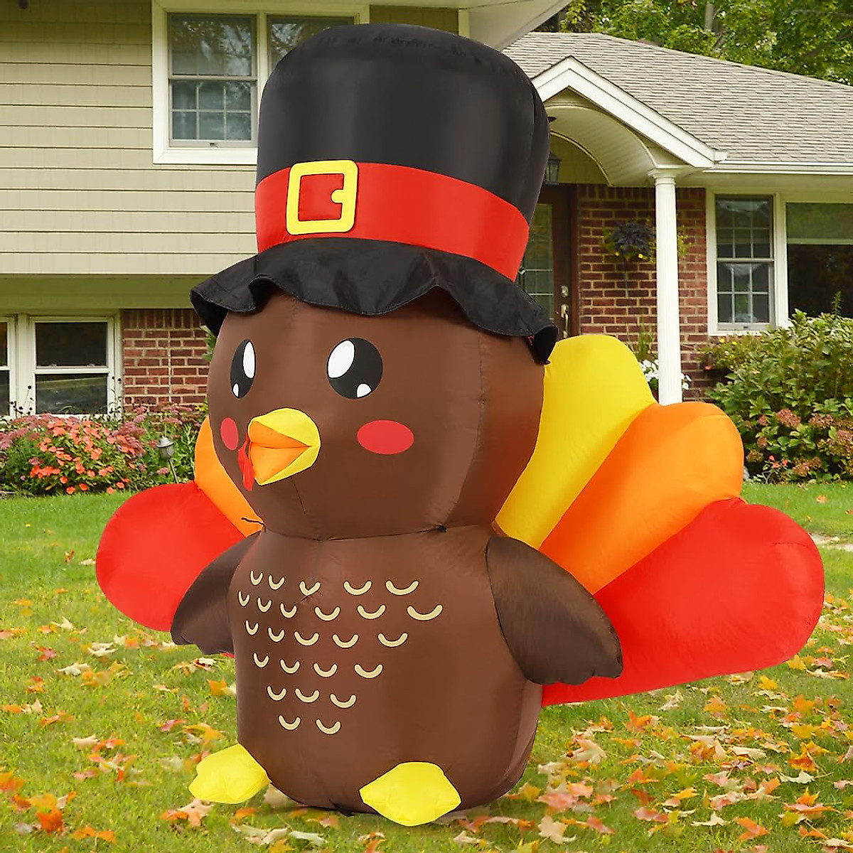 COMIN 5 FT Tall Thanksgiving Inflatables Turkey Baby in Hat with Built-in LEDs Blow Up Yard Decoration for Holiday Party Indoor Outdoor Garden Lawn