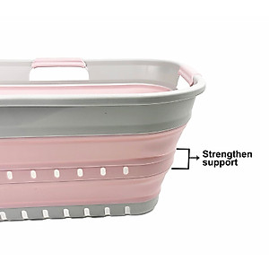 SAMMART 21L (5.5 gallon) Super Mini Collapsible 3 Handled Plastic Basket - Foldable Pop Up Storage Container/Organizer - Space Saving Hamper/Basket (Grey/Pale Pink)