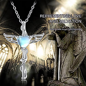 Midir&Etain Angel Necklace 925 Sterling Silver Moonstone Angel Wings Cross Pendant Necklace Hypoallergenic Moonstone Angel Cross Jewelry Gift for Women