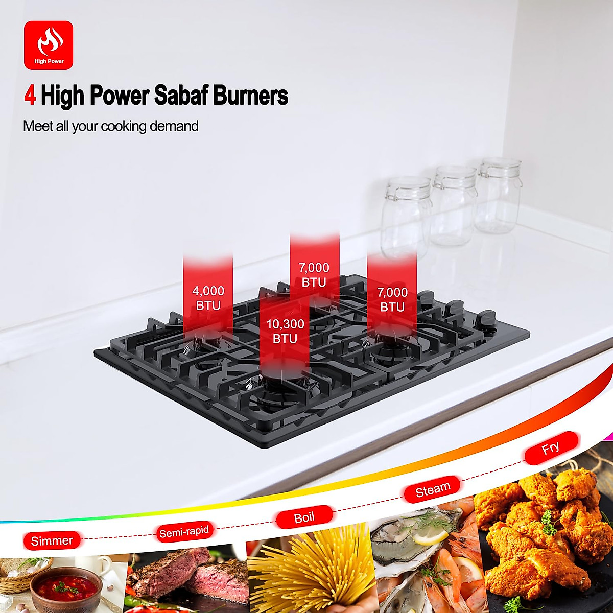 Gas Cooktop 30 Inch Black, GASLAND Chef PRO GH2304ES 4 Italy Sabaf Sealed Burner Gas Stovetop, 3.9 ft Cord Plug, Heavy Duty Cast Iron Grates with Metal Knobs, 28,300 BTU NG/LPG Convertible