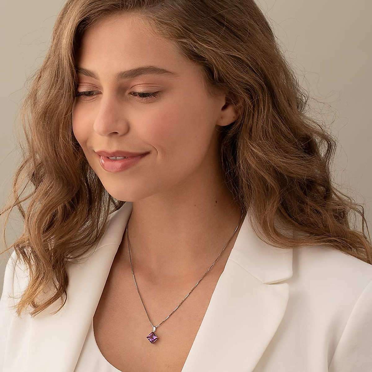 PEORA Solid 14K White Gold Amethyst Pendant for Women, Genuine Gemstone Birthstone Solitaire, Princess Cut, 8mm, AAA Grade, 2 Carats total