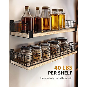 Tatub Floating Shelves with Metal Mesh Edge, Durable Bathroom Shelves for Wall Storage, Wood Wall Mounted Shelves for Living Room, Bedroom, Kitchen and Home Office, Set of 2 (Carbonized Black)