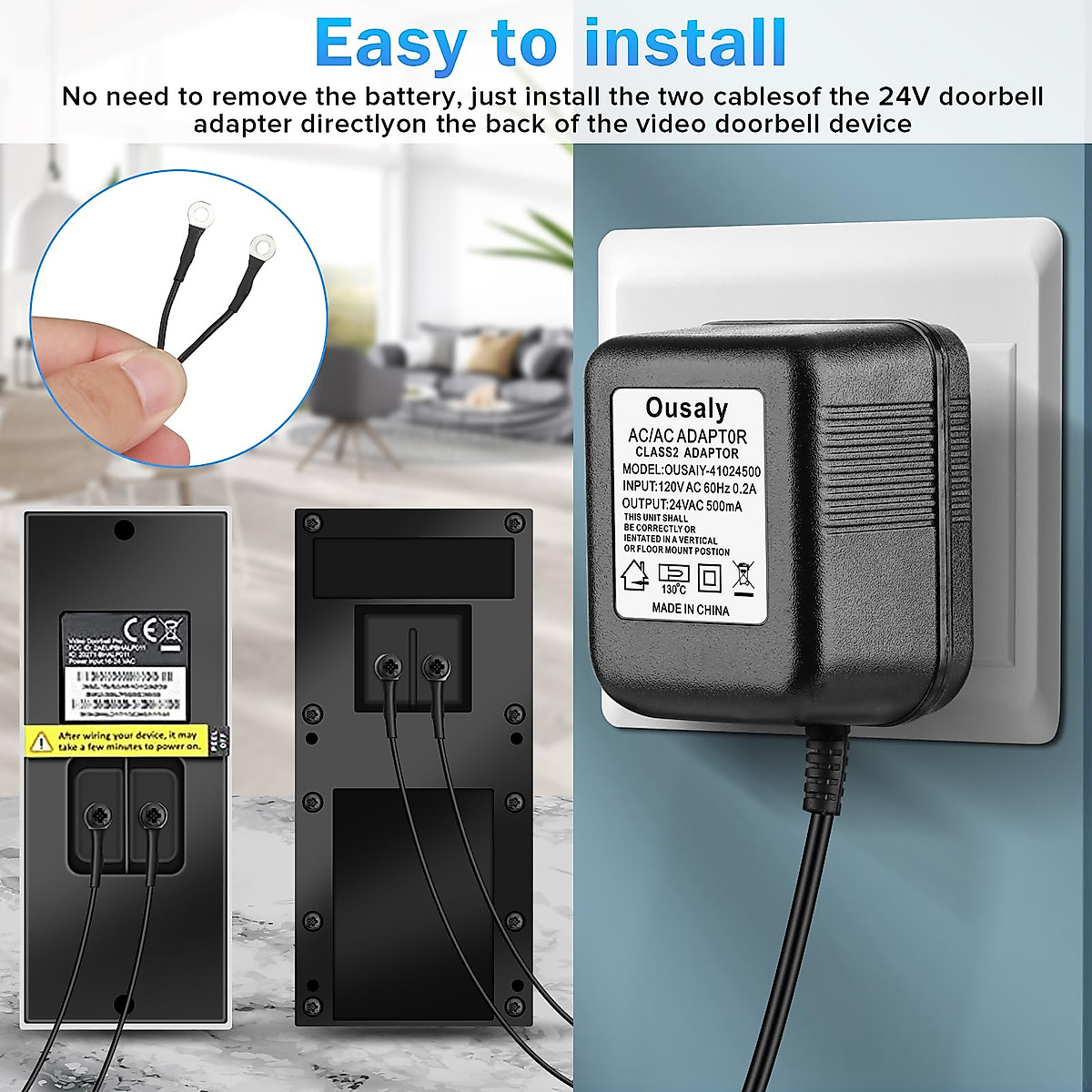 Ousaly Doorbell Power Adapter, 24V Transformer Compatible with Ring Doorbell,Video Doorbell,Nest, Ecobee, Sensi and Honeywell Thermostats, 24 Volt 500mA C-Wired AC Plug in Cord,C Wire Adapter 16.4FT…