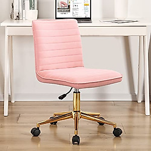 Furnimart Modern Armless Desk Chair Pink Cute Vanity Velvet Upholstered Office Chair Teen Girl Dorm Chair Mid-Back Home Office Chair Swivel Adjustable Small Chair Soft Seat (Velvet-Pink)