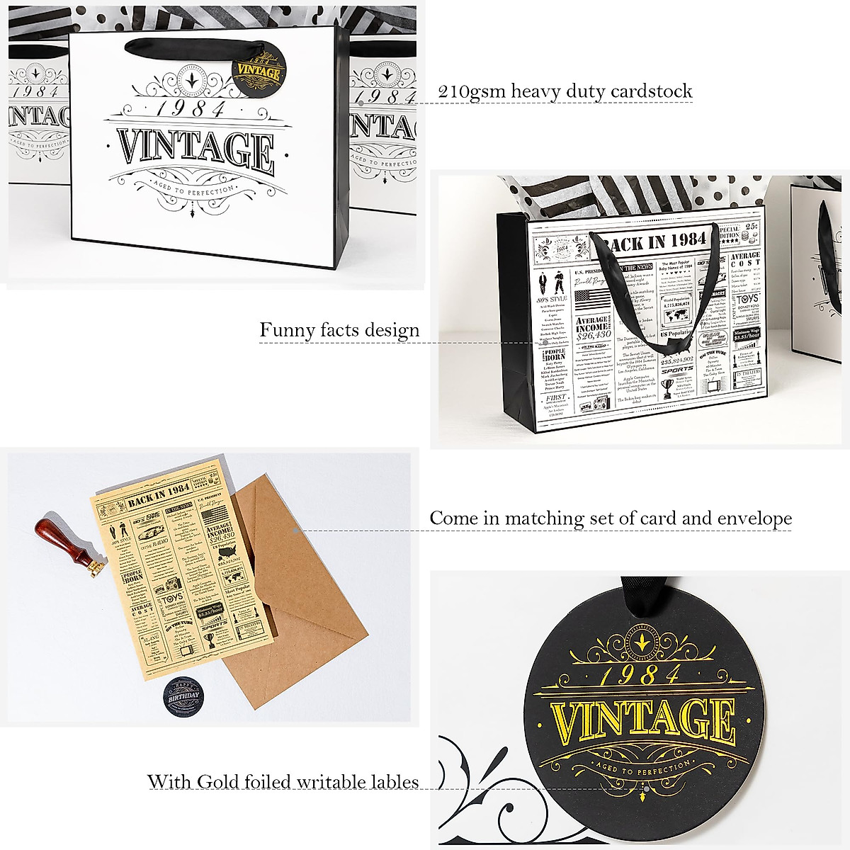 Crisky 40th Birthday Gift Wrap Bag Vintage 1984 with 40th Birthday Card Matching Envelope Sticker and Tissue Paper for Women/Men/Wife/Husband/Mom/Dad, 13" x 10" x 5"