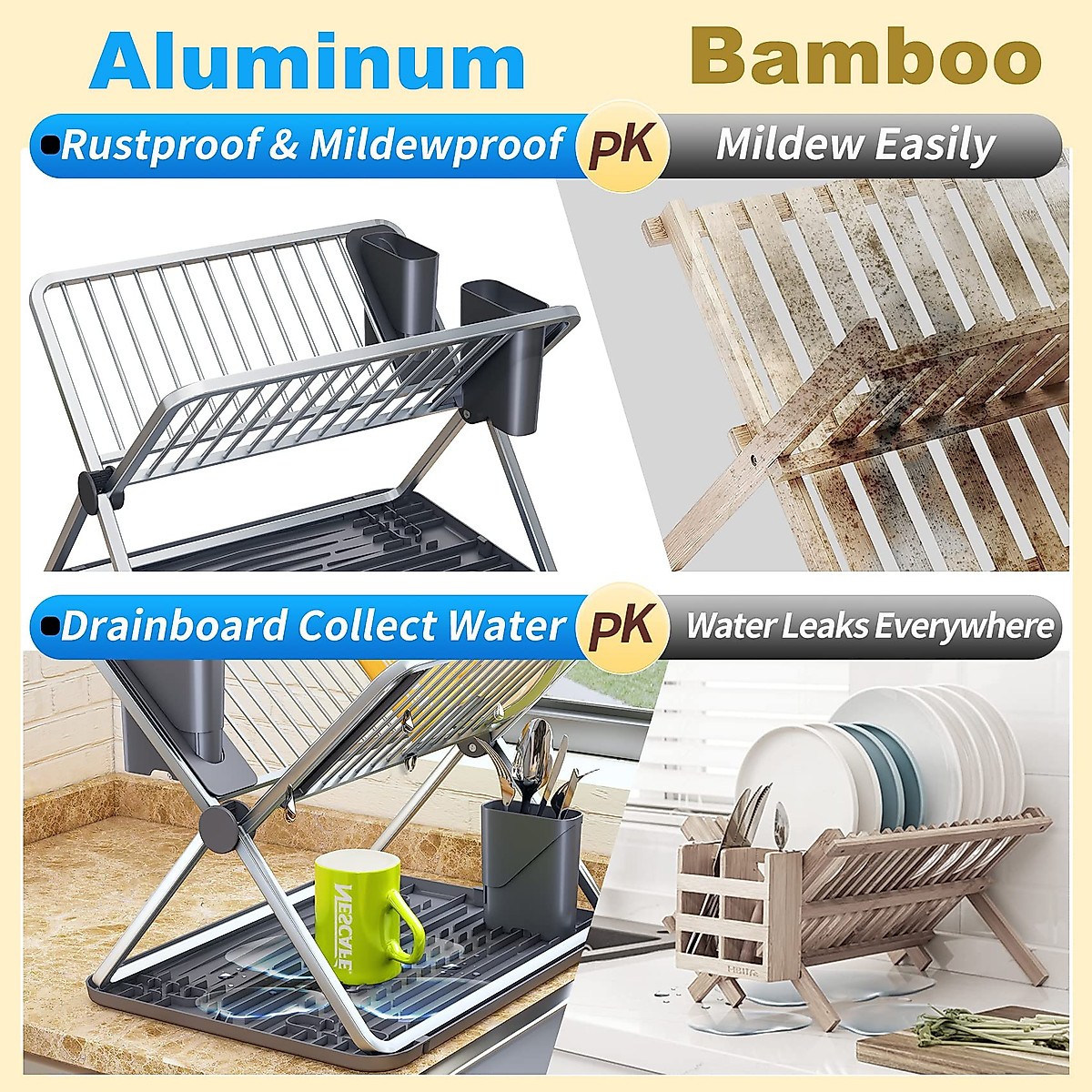 Dish Drying Rack, Rustproof Aluminum Collapsible 2-Tier Dish Drainer Rack with Drainboard and 2 Utensil Holders for Kitchen Counter, Silver Grey