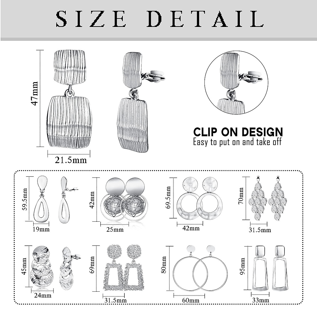 Subiceto 9 Pairs Silver Clip on Earrings for Women Statement Clip On Earrings Large Silver Geometric Clip Earrings Square Rectangle Round Clip Dangle Earrings Non Pierced Earrings Set