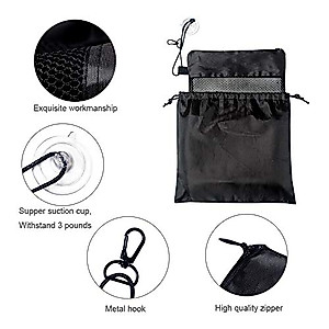 Yihoon Mesh Shower Tote Bag Caddy - Toiletry Dorm Gym Organizer 10.5”L x 9”H with Suction Cup and Zipper Drawstring Pouch 11”L x 10”H (Black, 2 in 1)