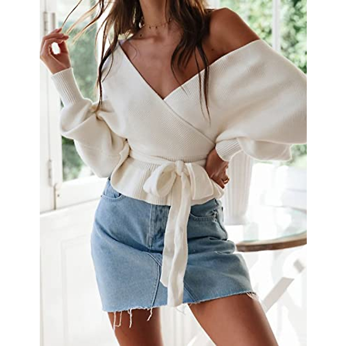 ZESICA Women's 2023 Fall Wrap V Neck Long Batwing Sleeve Belted Waist Ruffle Knitted Sweater Pullover Top,Apricot,Medium