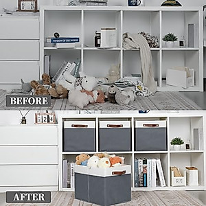 Bidtakay Large Storage Bins Collapsible Fabric Storage Baskets with Plastic Board 16x12 Inches Cube Organizer with Handles Lightweight 2-Pack Clothes Baskets Linen Storage Bins White/Grey