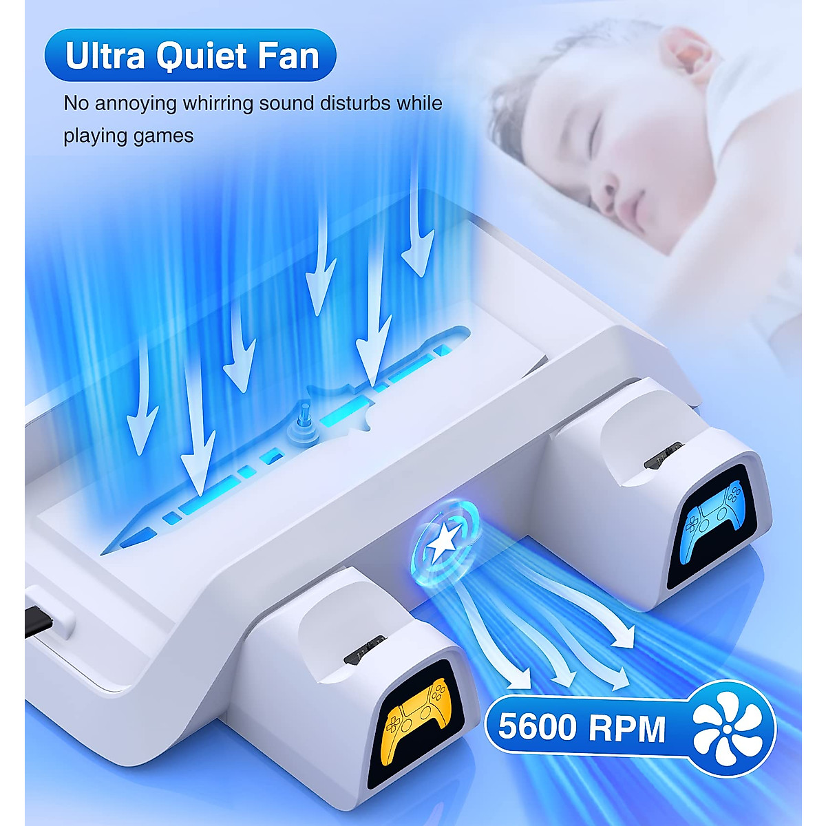 PS5 Stand with Cooling Station&Dual Controller Charger for Playstation 5 PS5 Console, CYKOARMOR PS5 Accessories with 5V/3A Adapter, PS5 Base with Cooler Fan, Charging Dock and Game Holder White