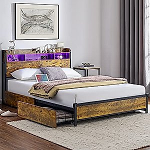 Alohappy Queen Bed Frame with LED Lights and Charging Station, Metal Platform Bed Frame with 2 -Tier Storage Headboard and Drawers, No Box Spring Needed, Easy Assembly, Noise Free