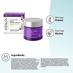 Andalou Naturals Resveratrol Q10 Night Repair Cream, For Dry Skin, Fine Lines & Wrinkles, For Softer, Smoother, Younger Looking Skin, 1.7 Ounce