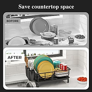 Famhap Small Dish Drying Rack, Dish Rack with Drainboard Dish Drainers for Kitchen Counter Sink Adjustable Spout, in Sink Dish Strainers with Utensil Holder and Knife Slots, Black