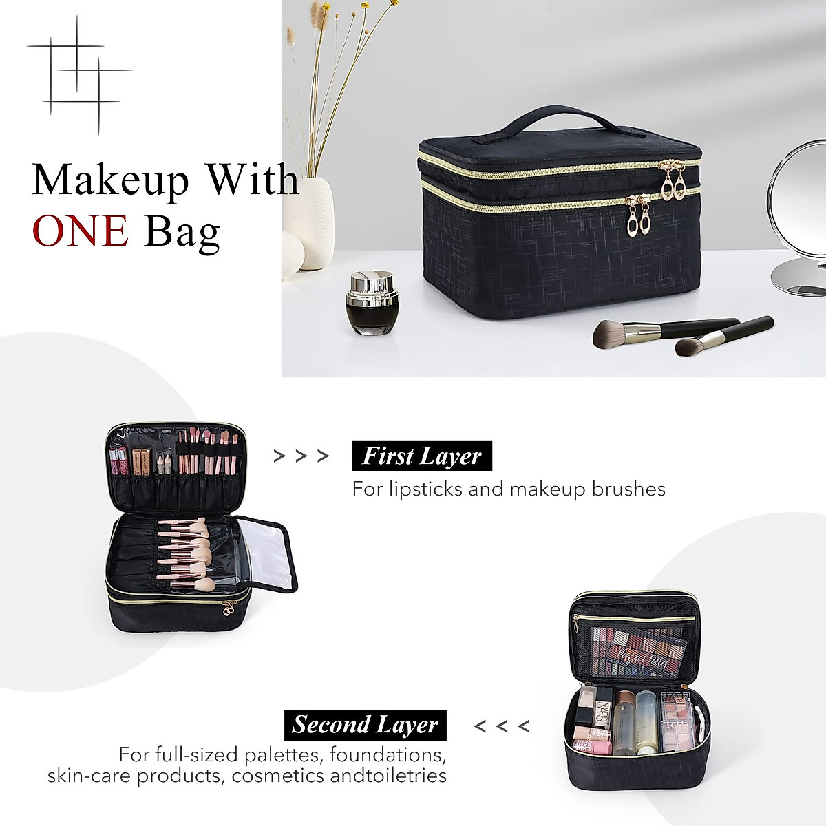 Stagiant Double Layer Makeup Bag, Large Cosmetic Bag, Travel Makeup Case with Dividers Makeup Organizer Bag Cosmetic Train Case for Cosmetics Toiletries, Black