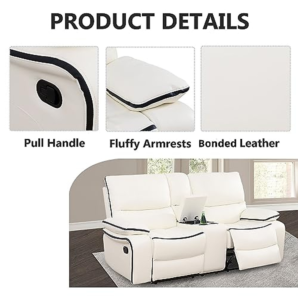 GEBADOL Manual Leather Sofa Set, Living Room Furniture Set,Leather Recliner Couch Set for Living Room/Apartment/Office(Sofa+Loveseat+Chair, 3 Pieces Leather Couch Set) Cream White