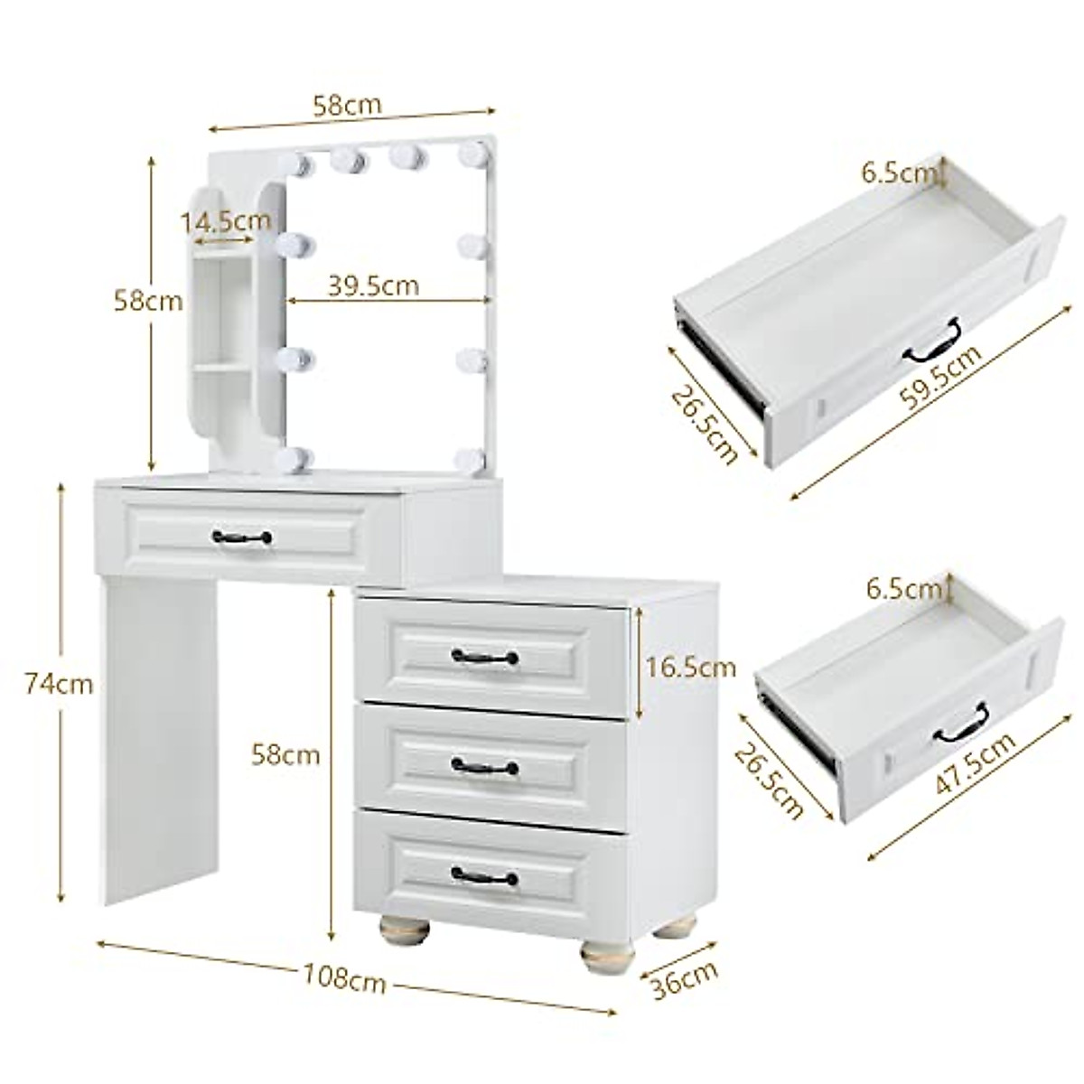 Xinhonglei Modern Makeup Vanity Dressing Table with 10 Led Lights Mirror, Vanity Desk with 4 Drawers & Stool, White Large Vanity Set for Women Girls' Bedroom Furniture