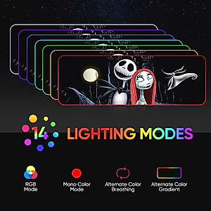 OIDOJHID RGB Skull Mouse Pad,Nightmare Before Christmas Large Gaming Mousepad with 14 Lighting Modes,Non-Slip Computer Keyboard Desk Mat,31.5×11.8 inches (A)