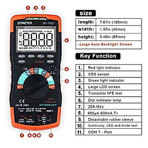 True RMS Digital Multimeter Tester 6000 Counts AC DC 20A Ohmmeter Voltmeter DMM Measure Voltage Current Amp Resistance Diodes Continuity Duty-Cycle Capacitance Temperature (BTMETER BT-770T)