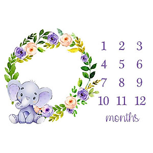 Baby Monthly Milestone Blanket Newborn Girls Purple Flower Elephant Photo Props Shoots Backdrop Personalized Photography Growing Infants Toddlers Swaddle Blanket Includes Wreath Frame