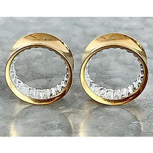 Lobal Domination PAIR of Inner Clear Square Gems & Gold Ion Plated Steel Saddle Tunnels Double Flare Plugs Gauges (7/8" (22mm))