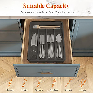Lifewit Silverware Organizer with Lid, Covered Utensil Tray for Kitchen Drawer and Countertop, Plastic Cutlery and Flatware Storage Box for Spoons Forks Knives Holder Case, 5 Compartments, Black