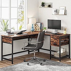 Tribesigns L Shaped Desk with Drawers, Corner Desk with Lift Top, 59 Inch Large Computer Desk, Standing Desk Height Adjustable with Storage Shelf for Home Office, Rustic Brown