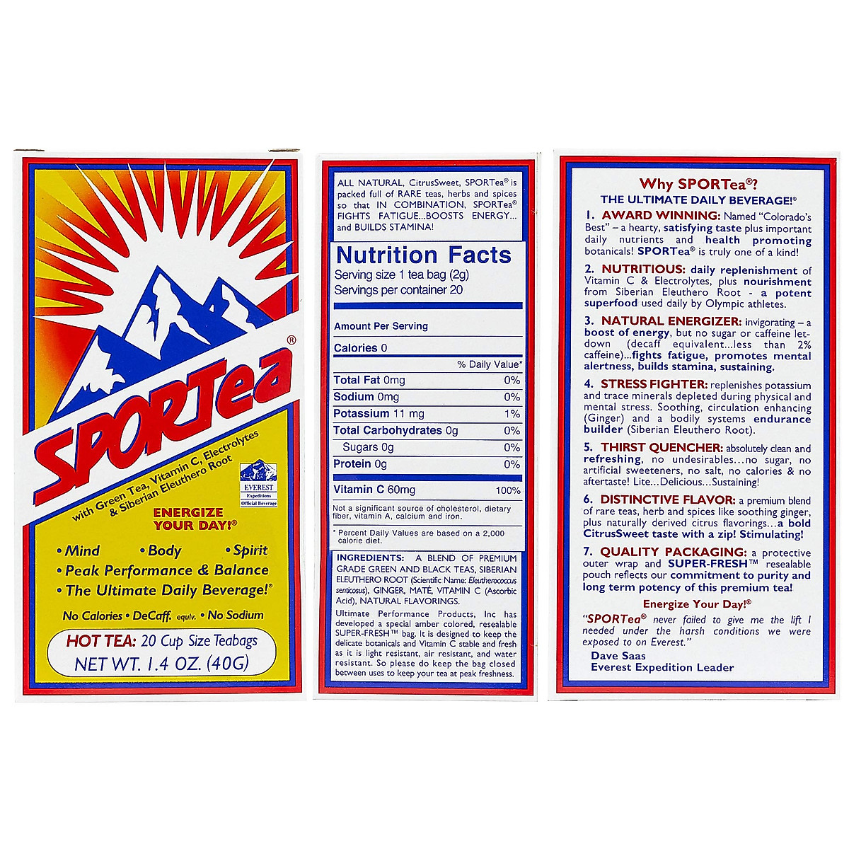 SPORTea(R) Hot: 20 Individual Tea Bags/Box Single Box