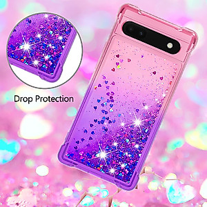 for Google Pixel 6a Case with Screen Protector, Glitter Bling Floating Liquid Women Girls Soft TPU Slim Cute Shockproof Phone Case Protective Cover for Google Pixel 6a Case -Purple Pink