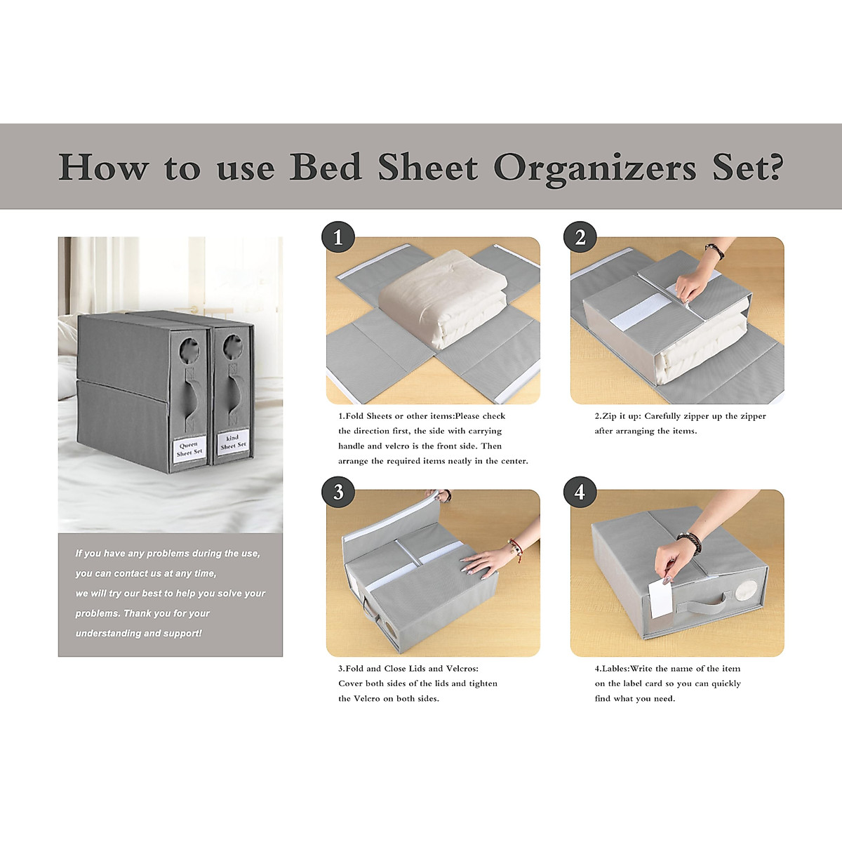 Aucoofany Bed Sheet Organizers 2/4-Pack Set, Foldable Sheet Organizer for Linen Closet, Sheets Set Folder Keeper with Window, Organizing Bedding Clothes Blanket Towels Container (Gray, 4 Pack)