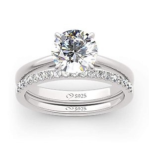 Jeulia 3.5ct Sterling Silver Wedding Ring Bridal Sets Classic Round Cut Anniversary Promise Jewelry with 0.35 ct Side Stone Brilliant Solitaire Band for Her with Gift Box (White, 9.5)