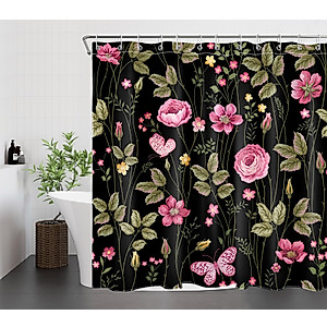 LB Watercolor Floral Shower Curtain for Bathroom, Pink Flower Butterfly and Sage Green Leaf on Black Fabric Shower Curtain with Hooks, Nature Plant Botanical Bathroom Curtain Shower Set, 72"W x 78"L