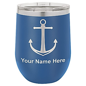 LaserGram Double Wall Stainless Steel Wine Glass Tumbler, Boat Anchor, Personalized Engraving Included (Dark Blue)