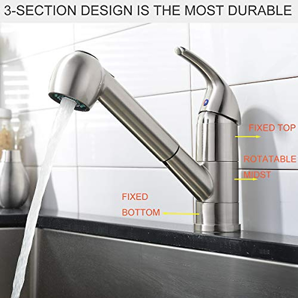 Comllen Commercial Brushed Nickel Stainless Steel Small Single Handle Rv Pull Out Kitchen Sink Faucet, Single Lever Pull Down Prep Kitchen Faucets with Sprayer Bar Facuet