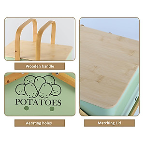 Xbopetda Potato Storage for Pantry, Metal Potato Storage Box with Bamboo Lid and Handle, Potato Bin Onion Storage with Aerating Holes, Kitchen Counter Organizer Container for Potato Onion Garlic-Green