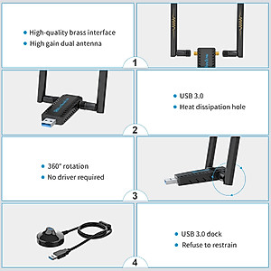 Blueshadow AC1900 USB WiFi Adapter for Gaming - 2.4G/5G Dual Band Wireless Network Adapter for PC Desktop, MU-MIMO WiFi Dongle, USB 3.0, Supports Windows11/10/8/7/Vista/XP, /Mac OS X 10.5-10.15