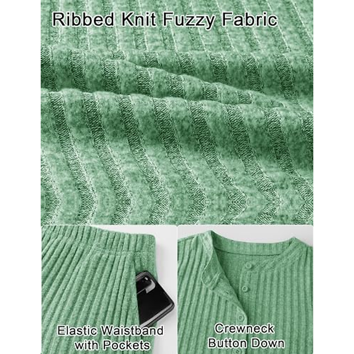 Micoson Womens Pajama Sets Fuzzy Long Sleeve Loungewear Soft Knit Button Top and Shorts 2 Piece Pj Set Sweatsuits for Gift Holiday Green M