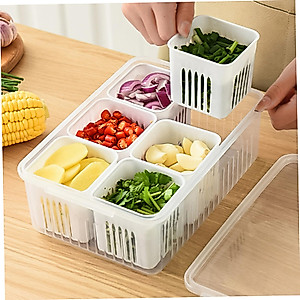 CurcKua Fridge Storage Containers Kitchen Scallion Storage Box 6-in-1 Snackle Box Container with Lid Plastic Reusable Fridge Vegie Fruit Food Fresh-Keeping Drain Box.