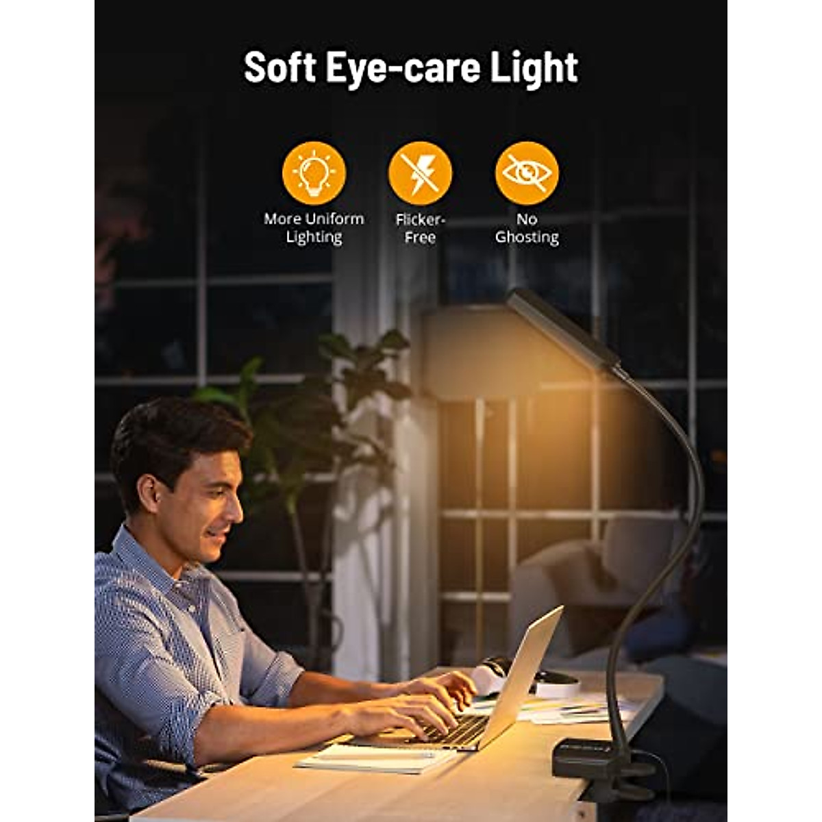 TROND Clamp Desk Lamp, Eye-Care Desk Light with USB Charging Port, 5 Color Modes 5 Level Brightness, 30-Minute Auto Timer Flexible Gooseneck Task Lamp for Sewing Reading Drawing Crafting, 11W, Black