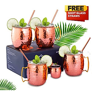 ARTISANS VILLAGE Moscow Mule Mugs | Set of 4 | Stainless Steel Lining | Pure Copper Plating | 100% Handcrafted Hammered Cups | Size 16 oz | With Premium Straws and Shot Glass