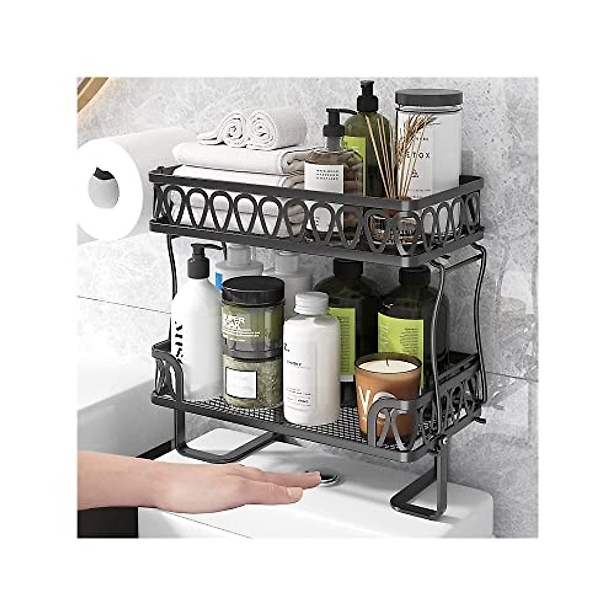 ZONEEAKO 2-Tier Toilet Storage Rack with Toilet Paper Holder and Mesh Design - Black, Durable Carbon Steel Material, Space-Saving, Easy to Assemble and Clean, Ideal for Bathroom Use (Black)
