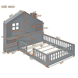 DEYOBED Full Size House Bed Frame, Montessori Floor Bed with Rails, Window and Bedside Drawers, Wooden Platform Bed with Shelves and a Set of Sockets and USB Port, Gray