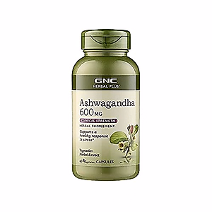 GNC Herbal Plus Ashwagandha 600mg, 60 Capsules, Supports a Healthy Response to Stress