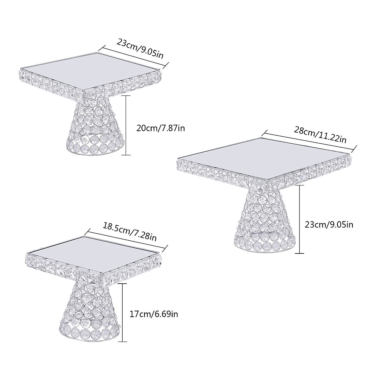 3 Piece Dessert Stand Cake Plate,Crystal Plated Cheese Dessert Cupcake Cake Stand with Mirror Plate-Silver Square