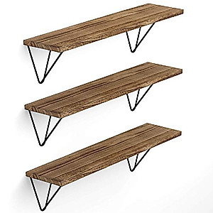 Wallniture Colmar Floating Shelves for Wall, 24 Inch Geometric Triangle Shelf Set of 3 for Living Room Décor Burned Storage Shelves with Black Shelf Brackets