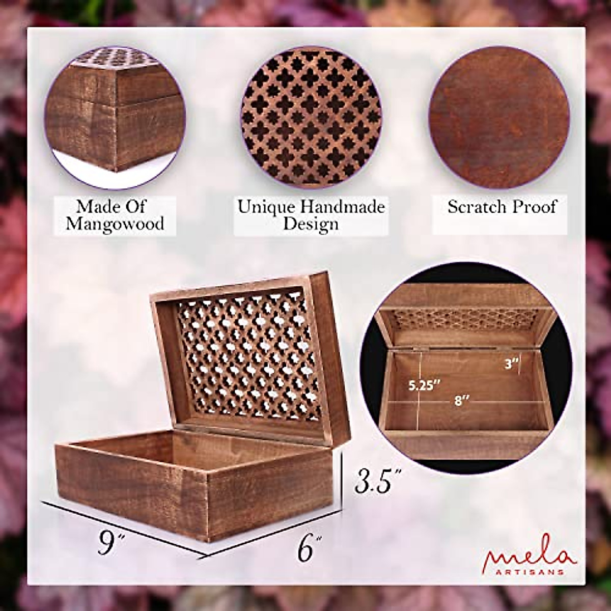 Mela Artisans Decorative Storage Box with Hinged Lid - Medium Polish, Large | 9” x 6” x 3.5” | Rustic Trellis Design | Mango Wood Crafted | Ideal for Keepsakes, Trinkets, Jewelry and Other Stash