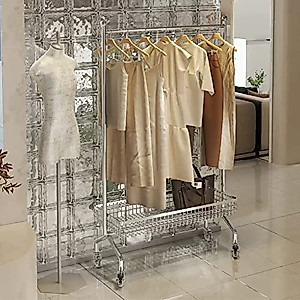 ARALEL Garment Rack Silvery Metal Clothing Rack On Wheels Heavy Duty Garment Rack with Storage Basket Sturdy Clothes Rail for Hanging Clothes Space Saving Coat Rack for Bedroom(Size:58X40X174CM)