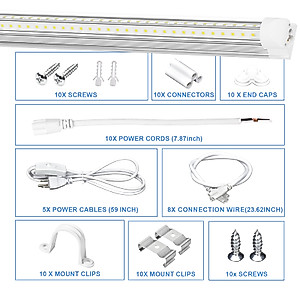 ONLYLUX 5ft LED Shop Light Fixture, Linkable 6500K Daylight White Tube Light, High Output, Double Sided V Shape T8 Integrated 5 Foot Led Bulbs for Garage,Warehouse,Clear Lens 10-Pack
